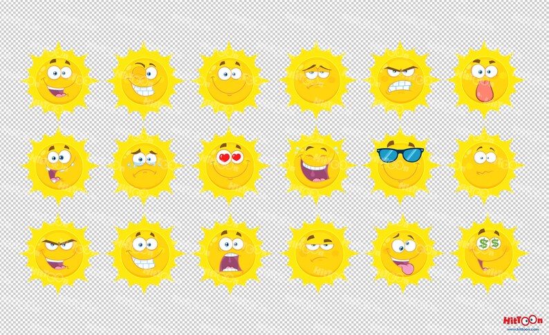 18 Sun Cartoon Emoji Face Characters. Digital Clip Art Vector Graphic ...