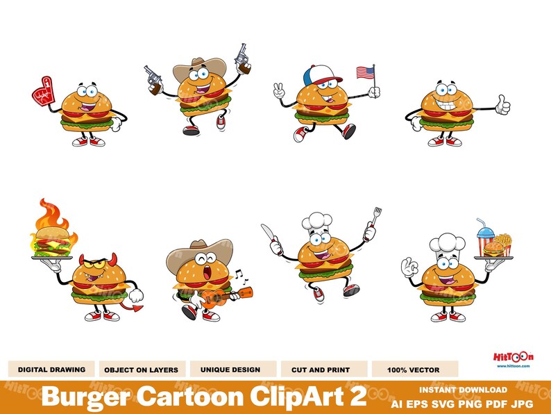 8 Burger Cartoon Clipart 2 - Digital Clipart Vector Graphic Bundle Set ...