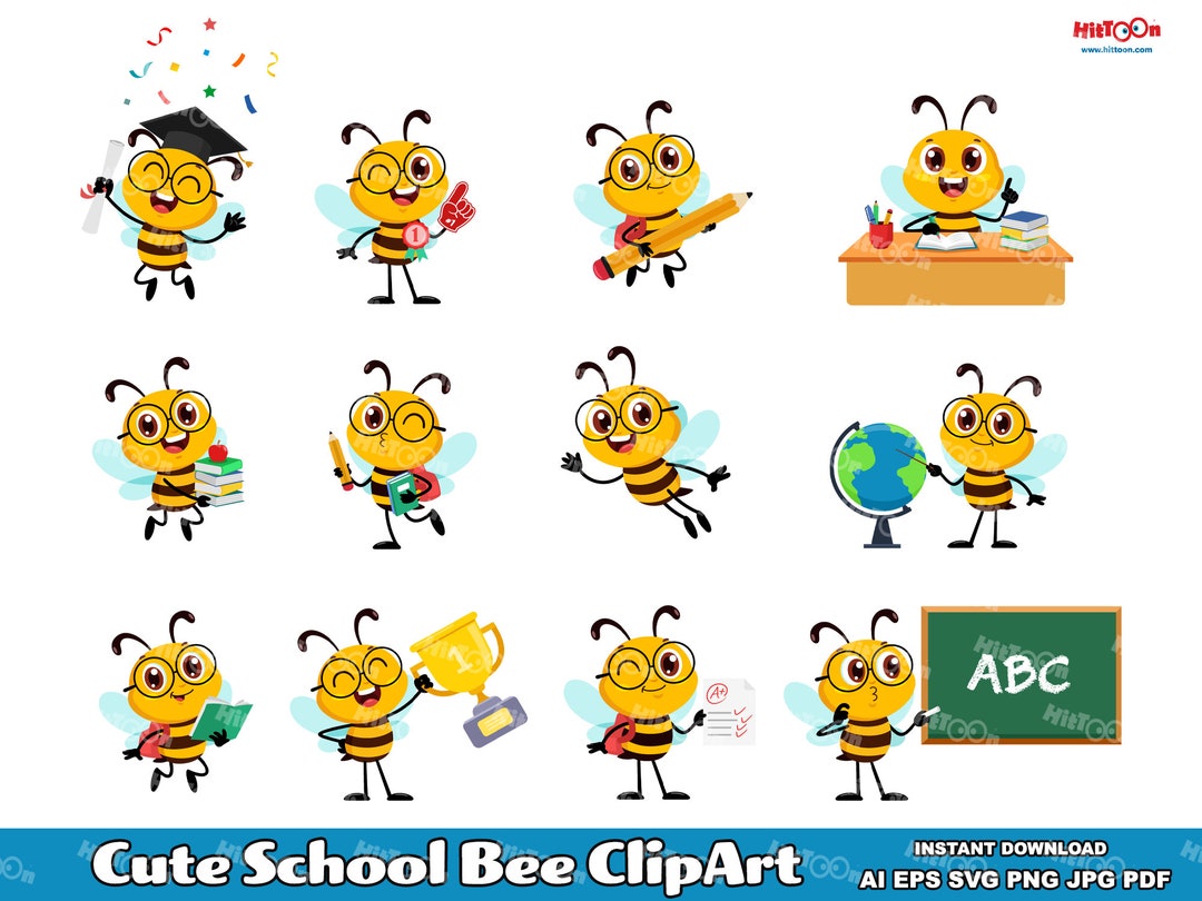 12 Cute School Bee Clipart - Flat Design Vector Graphic Bundle - Ai ...