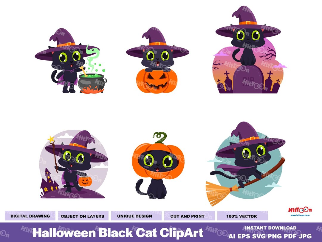 Halloween Black Cat Clipart: Flat Design Vector Graphics (digital ...
