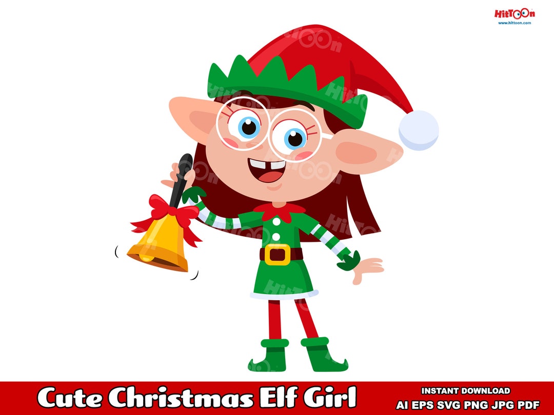 Cute Christmas Elf Girl Clipart. Flat Design Digital Clip Art. Vector ...