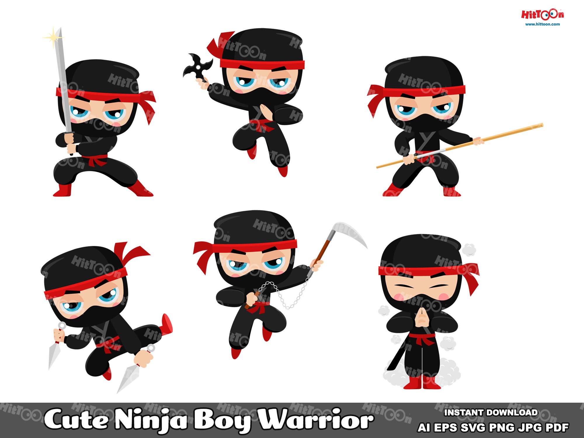Cute Ninja Boy Warrior Cartoon Clipart. Flat Design. Vector Graphic ...