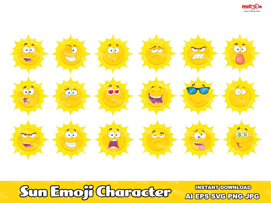 18 Sun Cartoon Emoji Face Characters. Digital Clip Art Vector Graphic ...