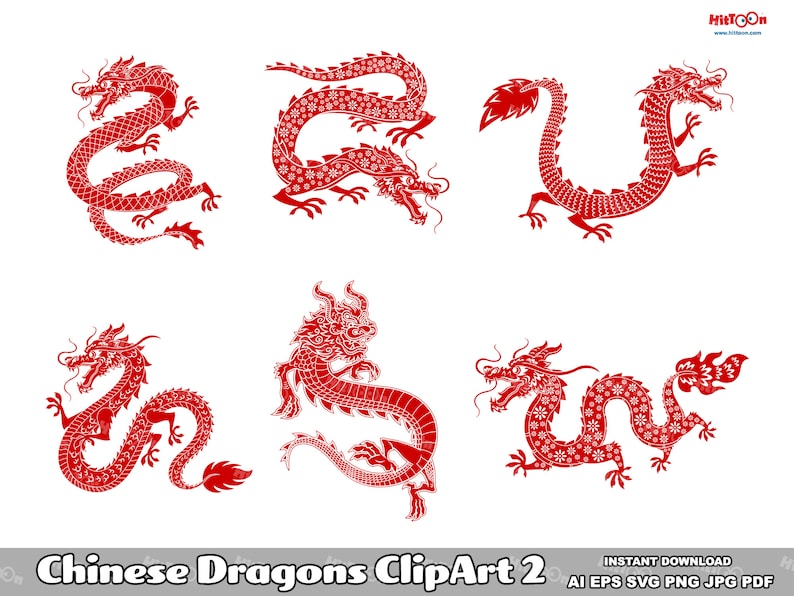 Chinese Dragons Clipart Set 2. Digital Vector Hand Drawn Graphic ...