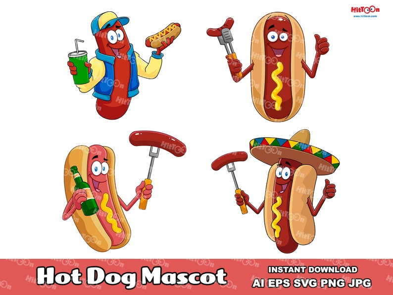 Hot Dog Cartoon Mascot Characters. Digital Clip Art Vector Graphic ...