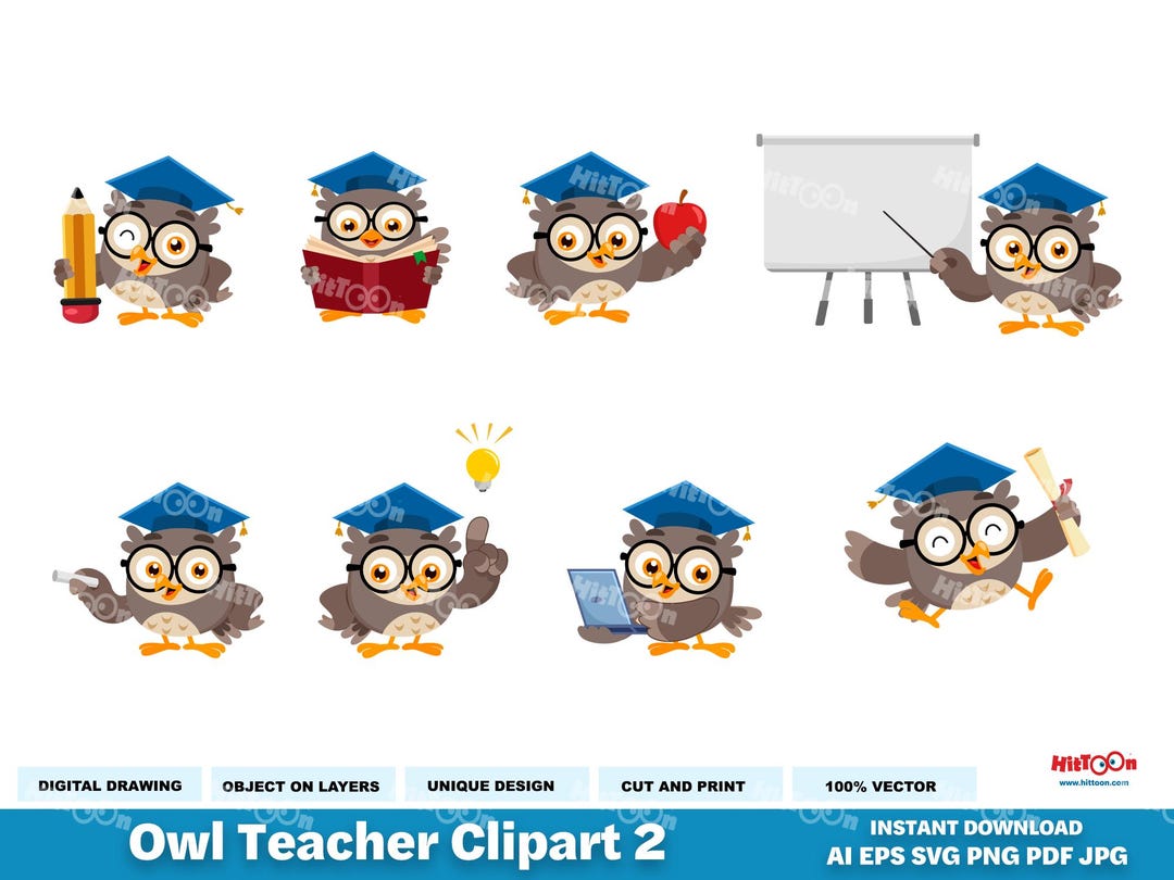Owl Teacher Clipart Bundle: Flat Design Vector Graphics (ai, Eps, Svg ...