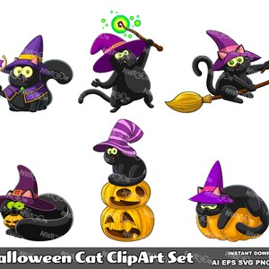 Halloween Witch Black Cat Clipart Set: Vector Graphics (commercial Use ...