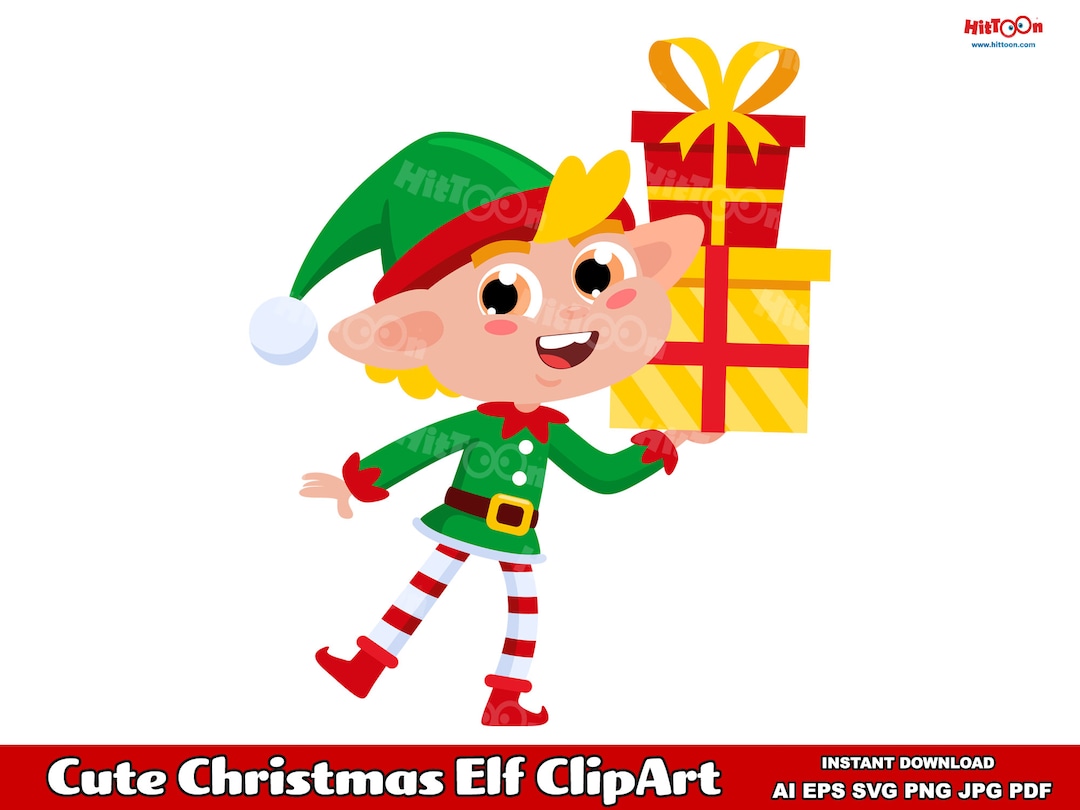 Cute Christmas Elf Clipart. Flat Design Digital Clip Art. Vector ...