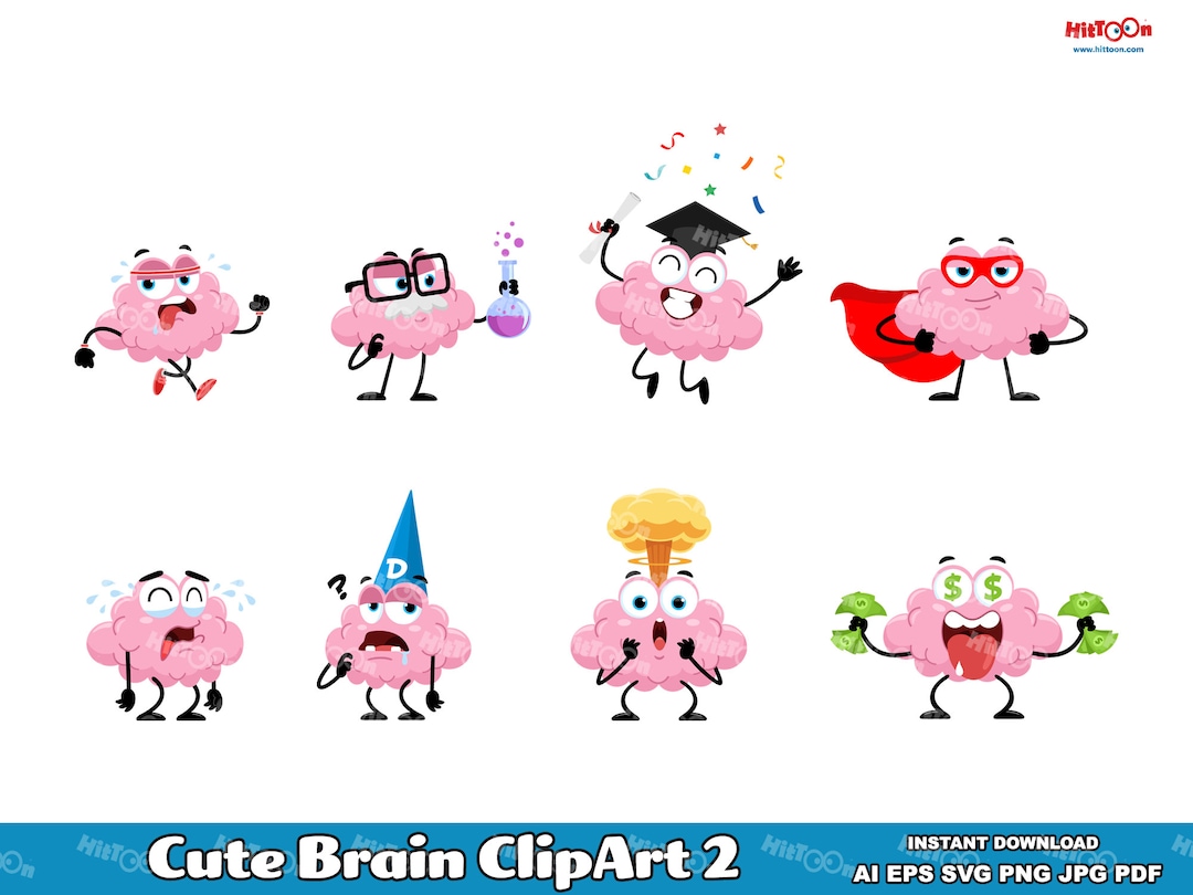 8 Cute Brain Clipart 2. Flat Design Vector Graphic Illustrations Bundle ...