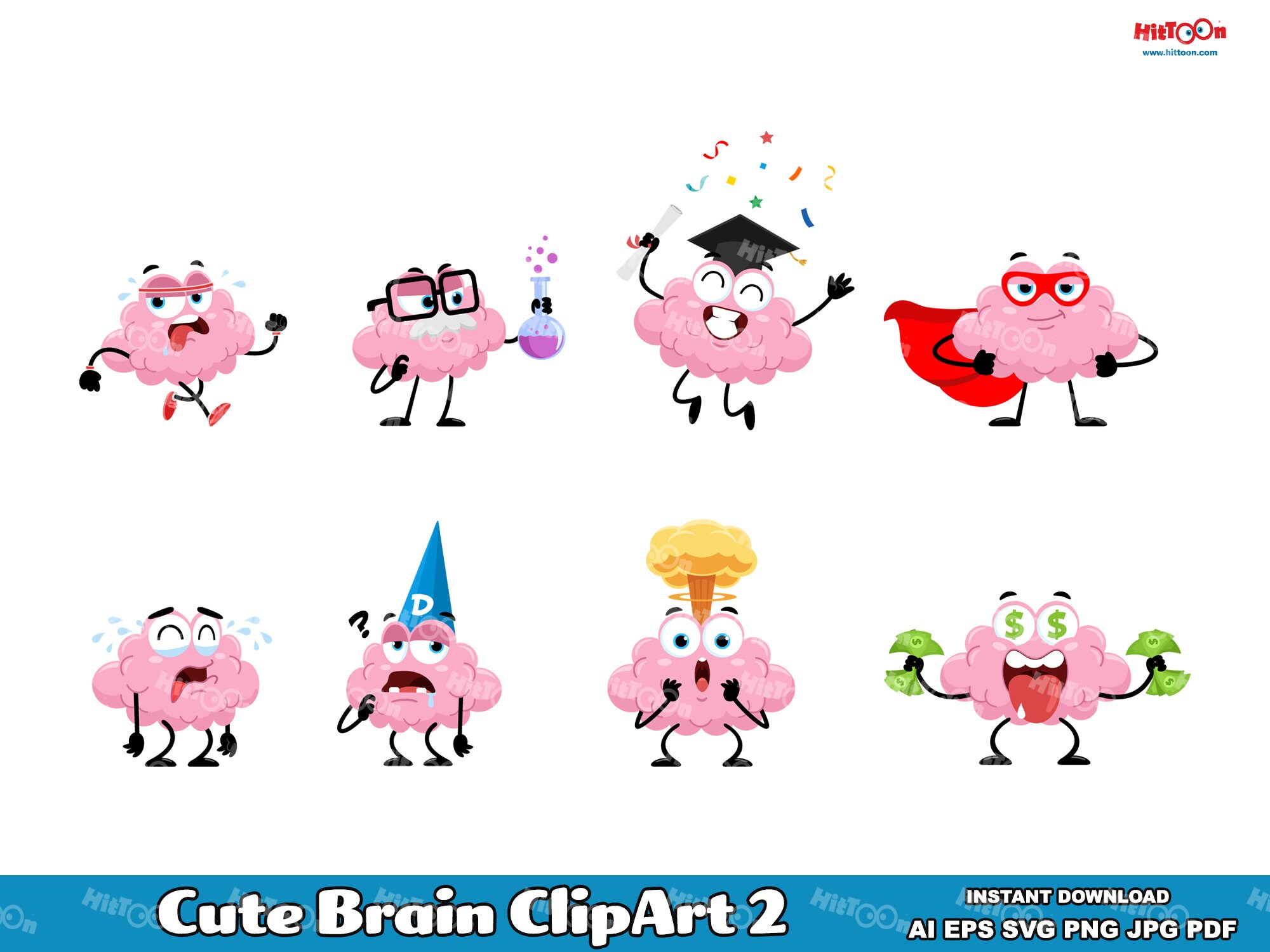 8 Cute Brain Cartoon Characters – Flat Design Vector Graphic ...