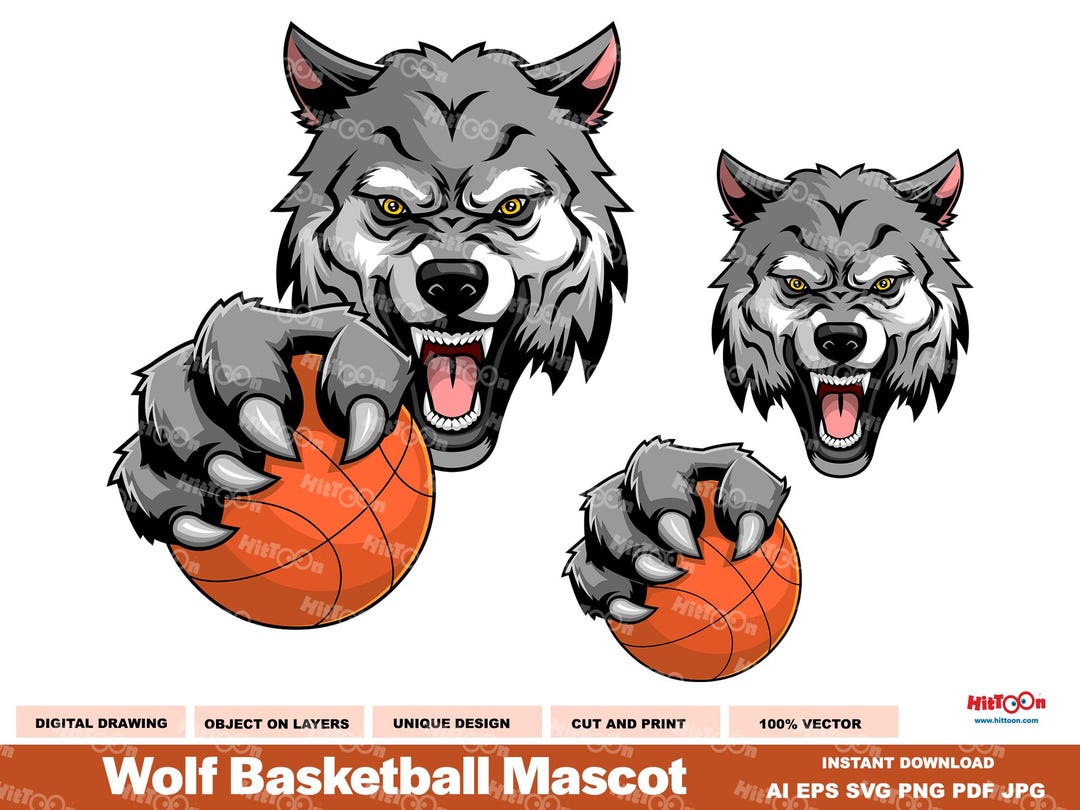 Wolf Basketball Mascot Logo: Hand-drawn Vector Illustration (commercial ...