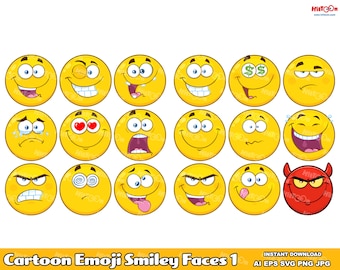 9 Cartoon Emoji Smiley Faces 2. Digital Clip Art Vector Graphic ...