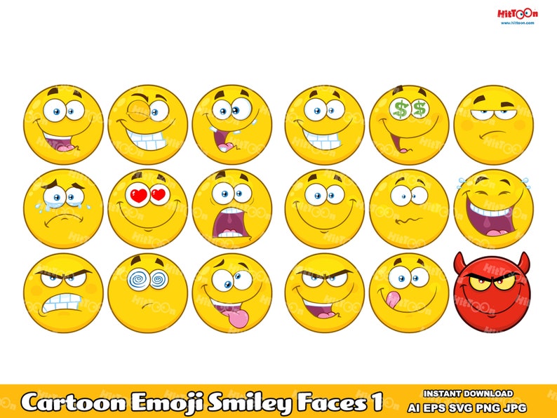 Cartoon Emoji Smiley Faces: Vector Clip Art Bundle (digital Download ...