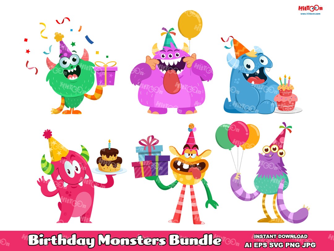Birthday Monster Clipart Bundle, Party Vector Graphics (ai, Eps, Svg ...