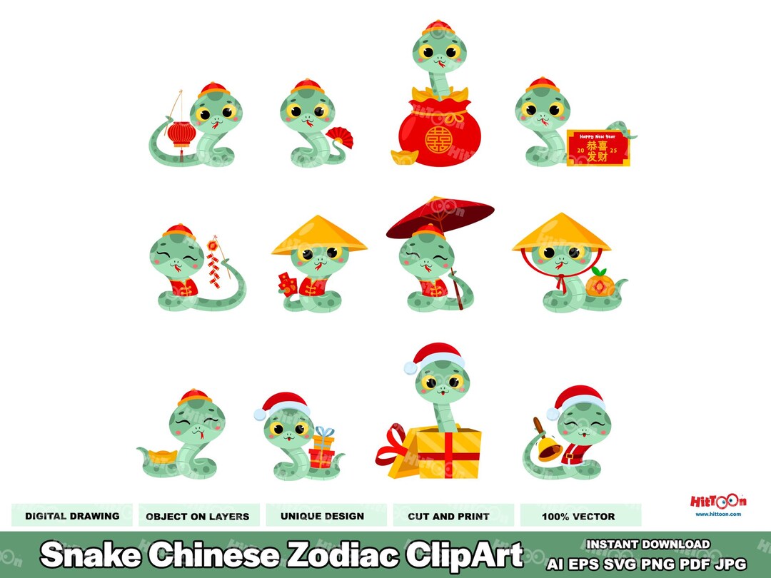 Snake Chinese Zodiac Cartoon Clipart: Vector Illustrations (commercial ...