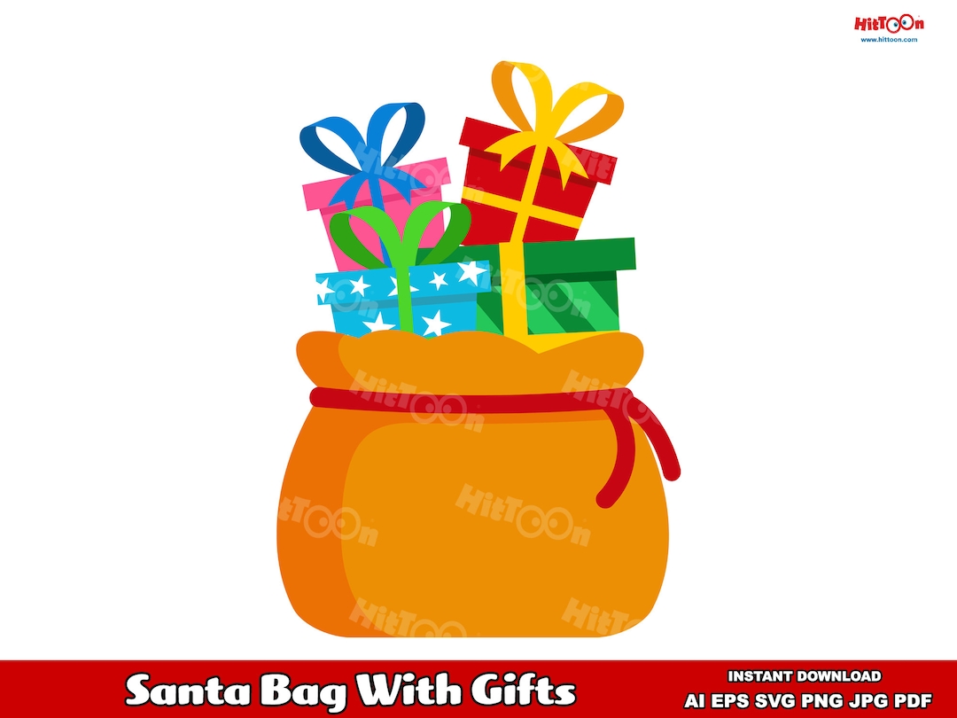 Santa Bag With Gifts. Hand Drawn Flat Design Digital Clip Art. Vector ...