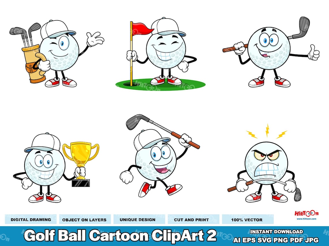 Golf Ball Cartoon Clipart 2. Hand Drawn Digital Vector Graphic ...