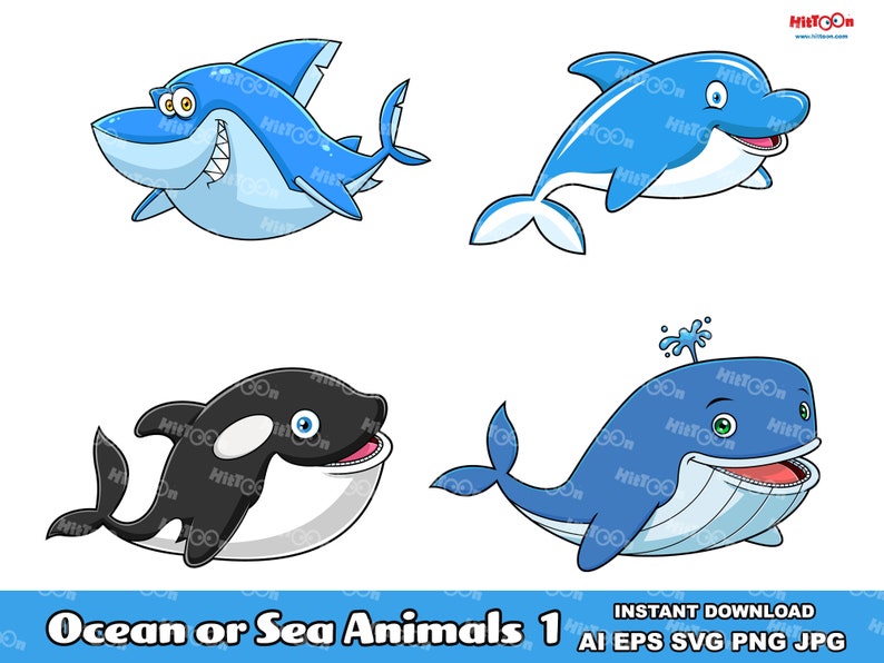 Cartoon Sea Animals Clip Art: Vector Graphics Bundle (commercial Use ...