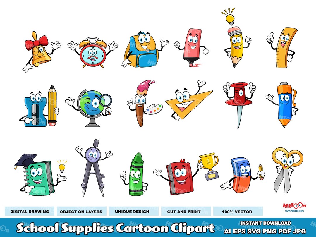 School Supplies Cartoon Clipart: Hand-drawn Vector Graphics (commercial ...