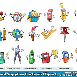 School Supplies Cartoon Clipart: Hand-drawn Vector Graphics (commercial ...
