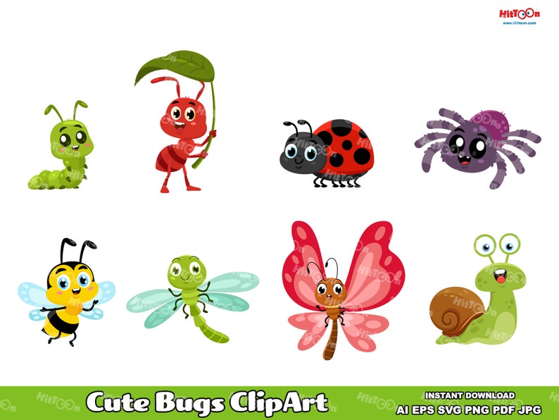 8 Cute Bugs Cartoon Clip Art. Vector Graphic Illustrations Bundle Set ...