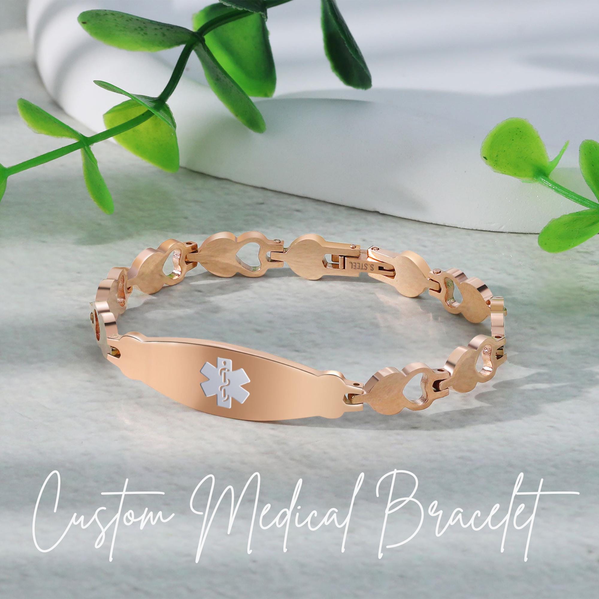Custom Engraved Rose Gold Medical Alert Bracelet | Stainless Steel ...