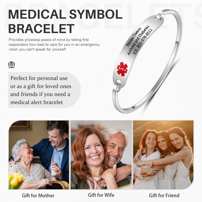 Custom Medical ID Bracelet 03 Line Text, Stainless Steel Bangle ...