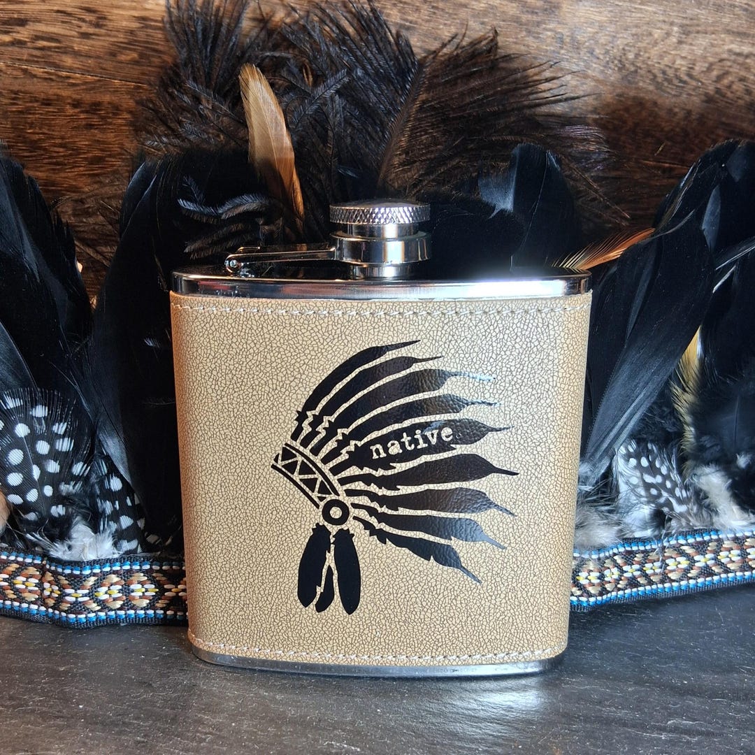 Stainless Steel Flask Leather Cover With Native Headdress Vinyl Design ...