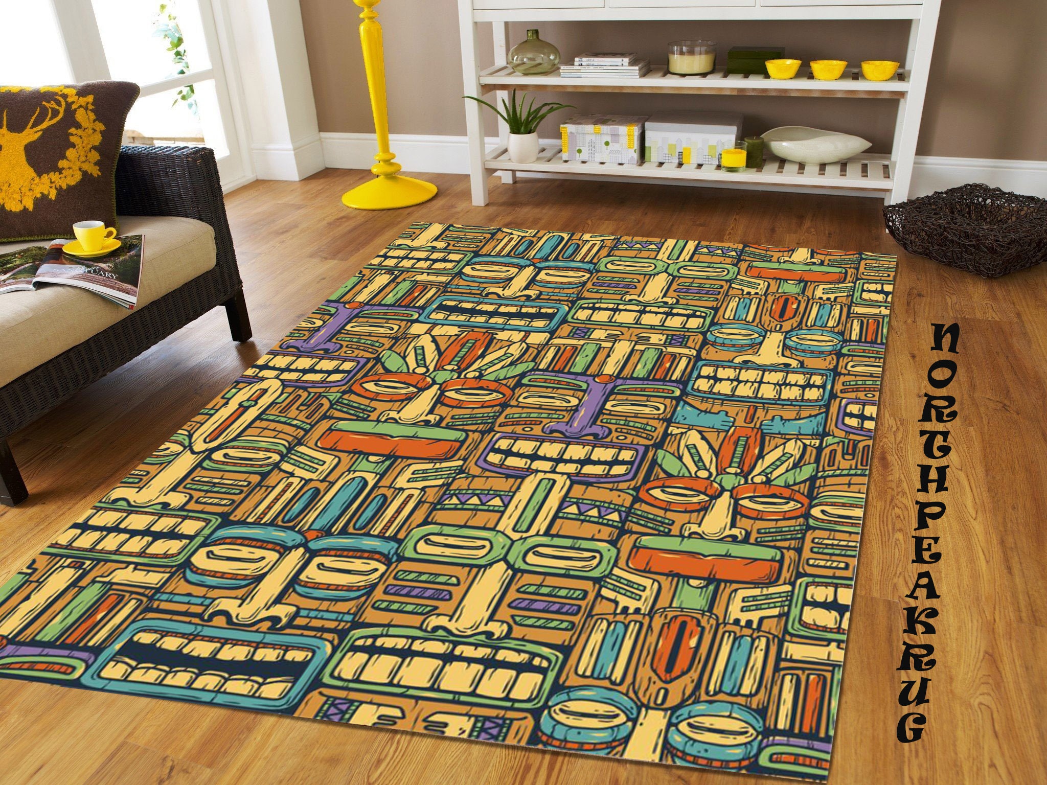 Tiki Mask Rug, Mythological Rug, Collage Rug, Ancient Rug, Maori Rug ...