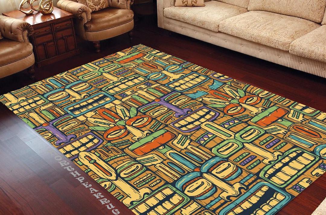 Tiki Mask Rug, Mythological Rug, Collage Rug, Ancient Rug, Maori Rug ...