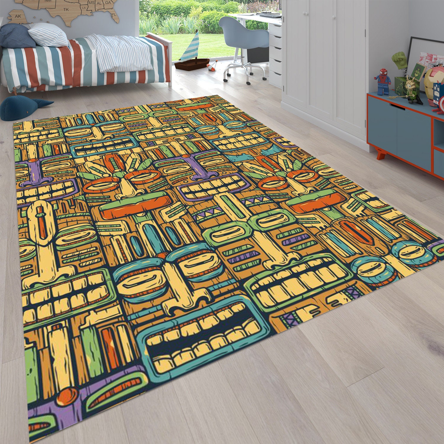 Tiki Mask Rug, Mythological Rug, Collage Rug, Ancient Rug, Maori Rug ...