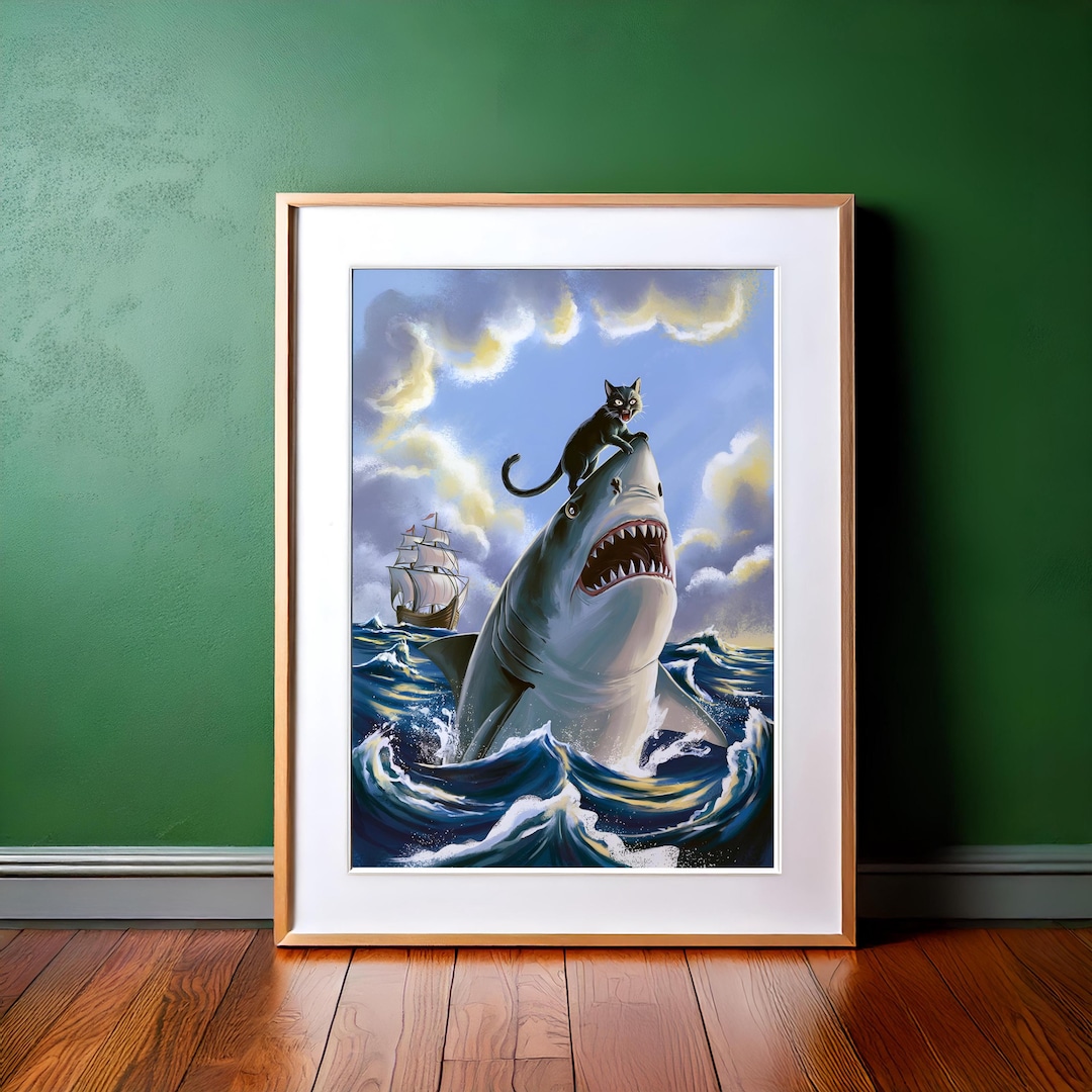 Fat Cat Vs. Shark Art Print: Renaissance Meme, Funny Animal Decor ...