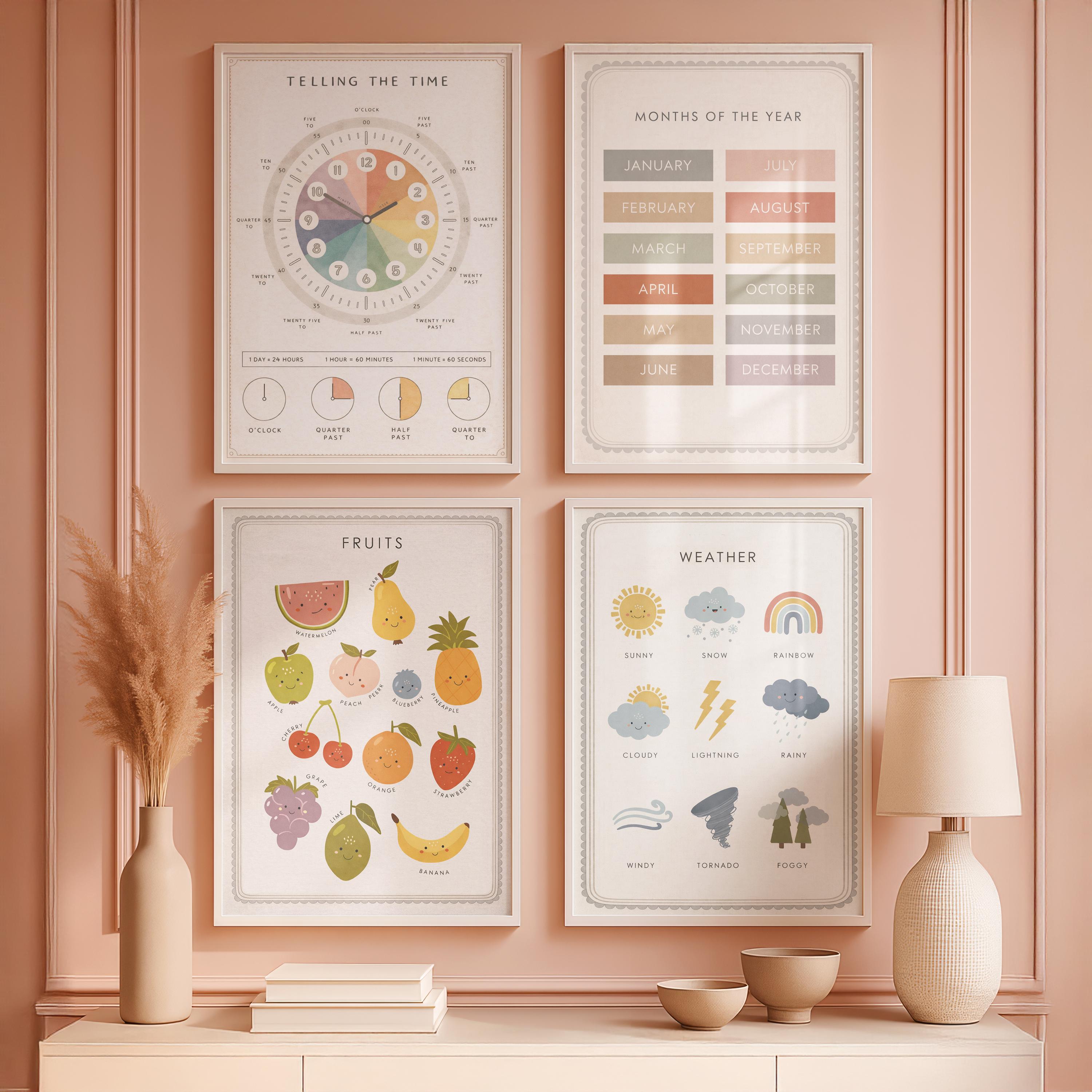 Colorful Educational Posters Set of 12, Nursery Whimsical Wall Art ...