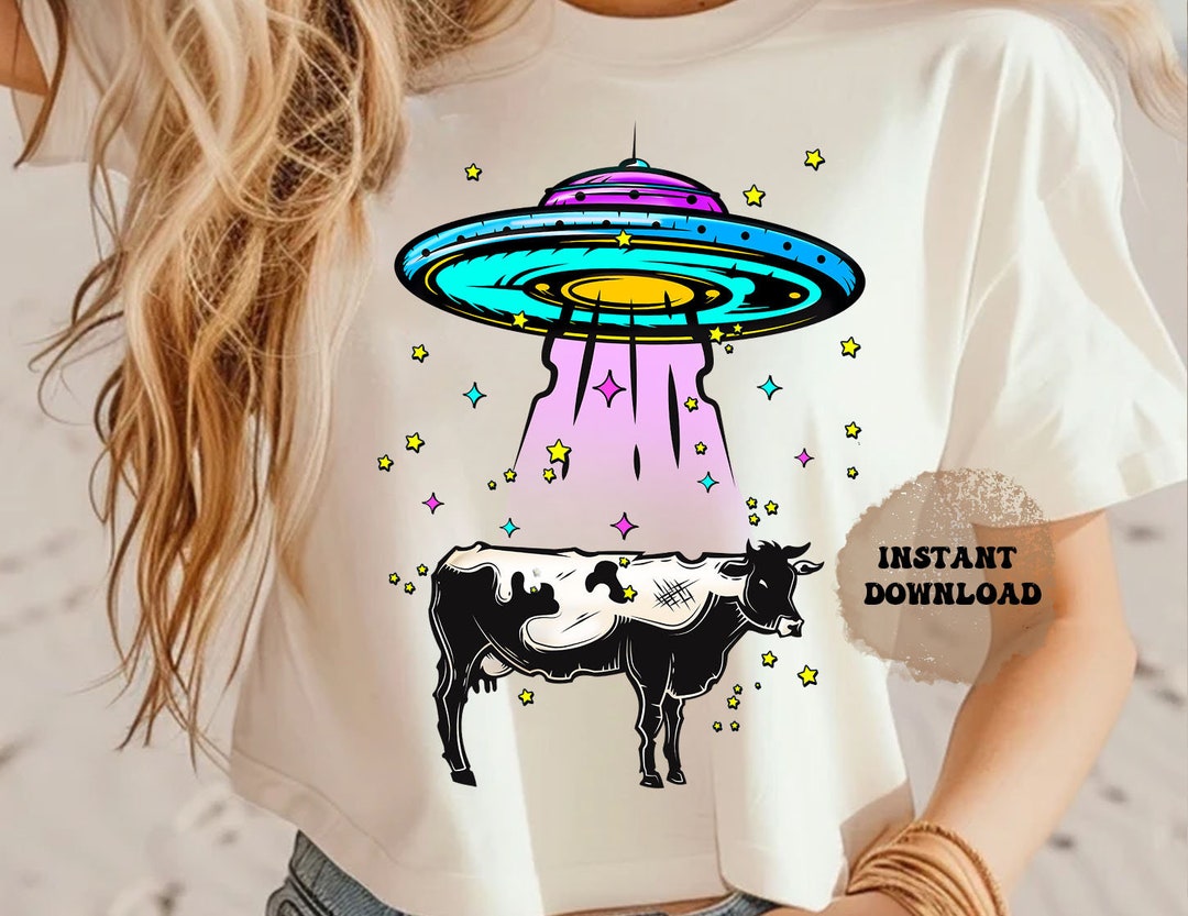 Cow UFO PNG Retro Alien Spaceship Western Desert Funny Illustration T ...