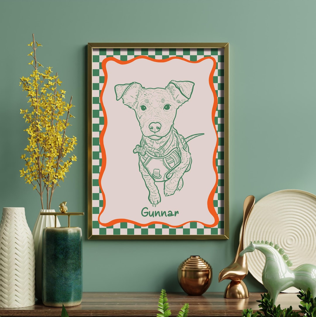 Custom Dog Portrait, Retro Pet Print, Personalized Drawing, Checkered ...