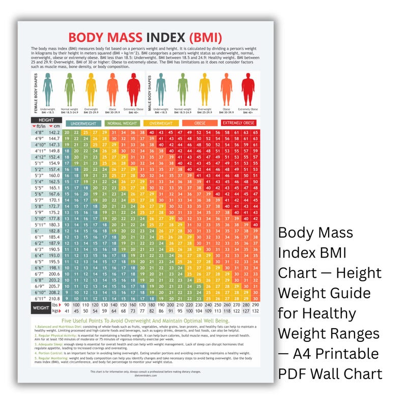 BMI Chart: Height Weight Guide - Printable A4 PDF - Etsy