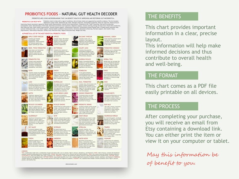 PROBIOTIC Foods Chart, Digital Download PDF, High Probiotic Food, Probiotic Diet, Inflammatory ...