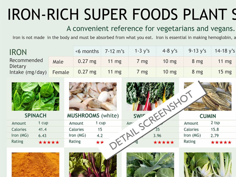 Vegan Iron-rich Food Chart: Plant-based Diet Guide (digital Download ...