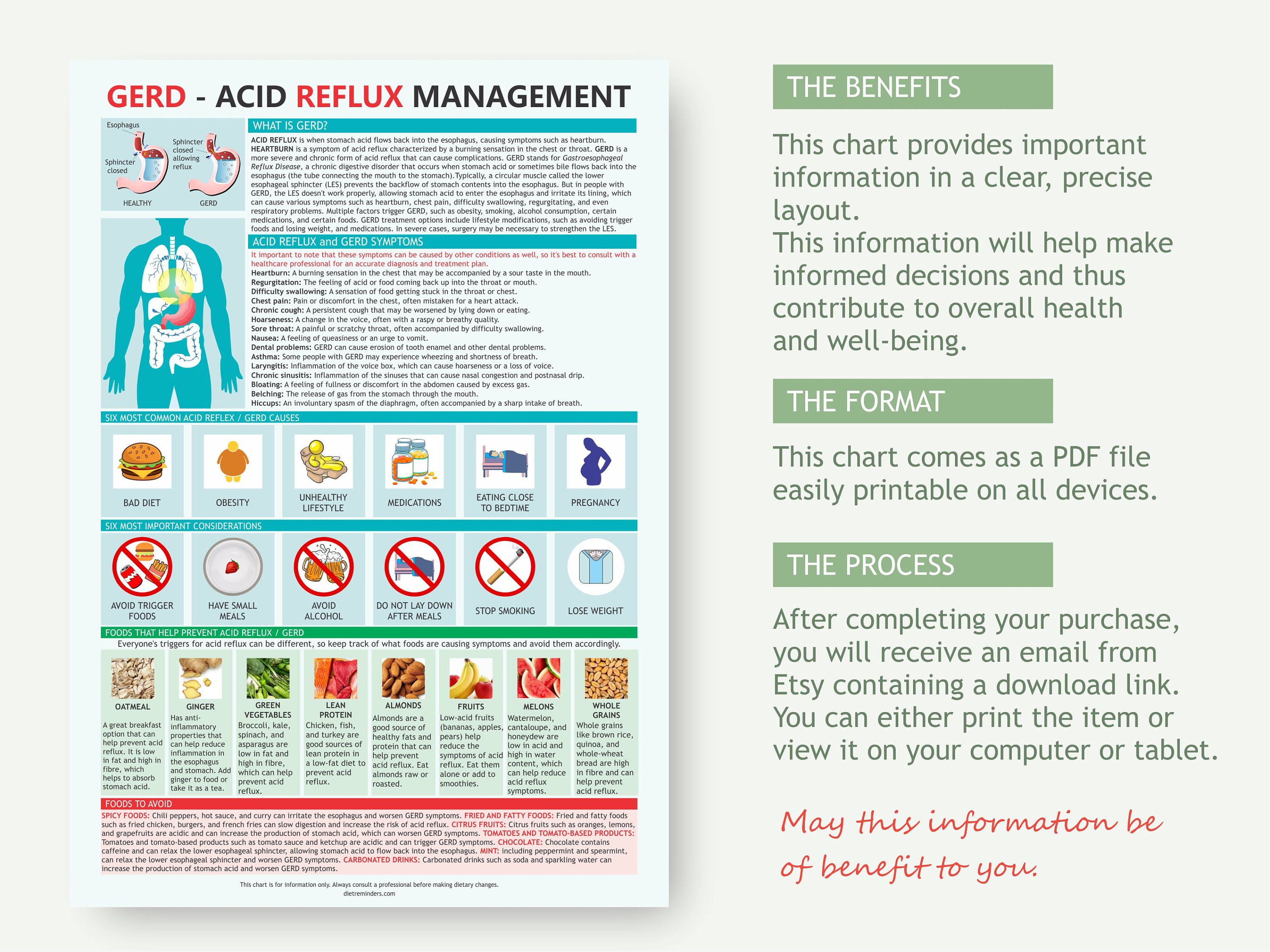 GERD Acid Reflux Management Chart: Diet & Symptoms Guide (A4 Printable ...