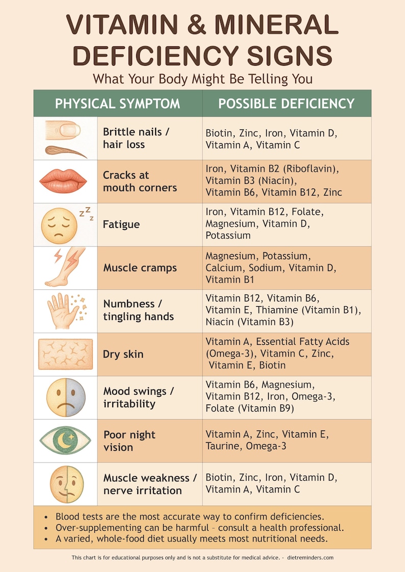 Vitamin Deficiency Chart: Signs & Symptoms Guide (instant Download PDF ...