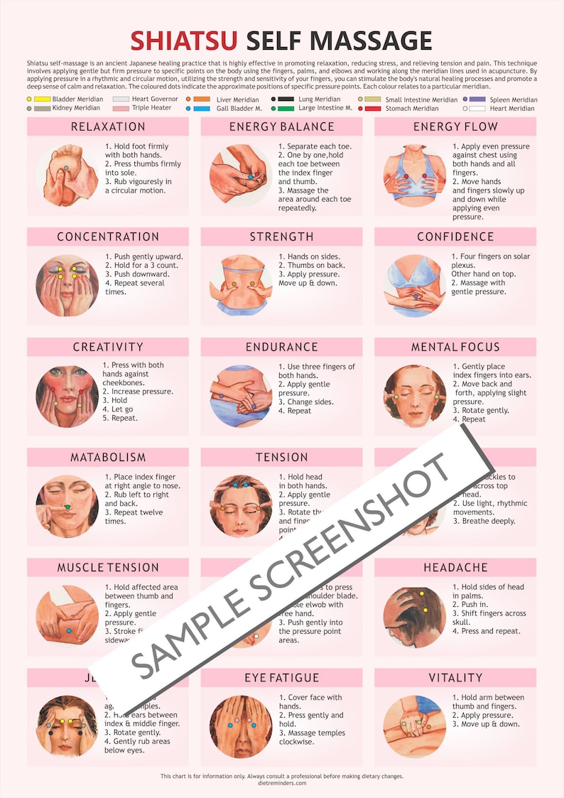 Shiatsu Massage Chart Digital Download Pdf Hiatsu Points Jet Lag Massage Headache Massage
