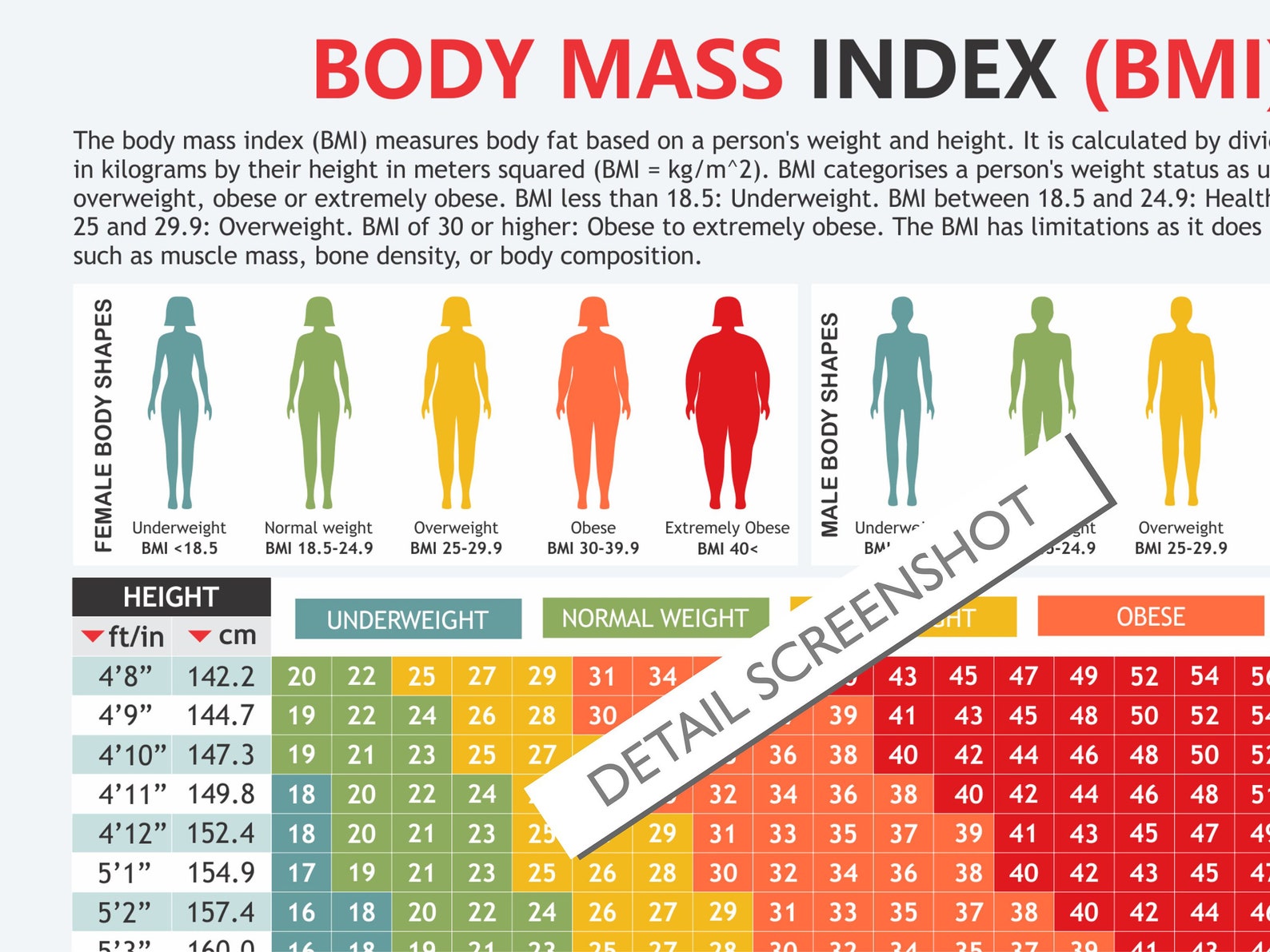 Body Mass Index Chart, Digital Download PDF, Height and Weight, Body Fat, Healthy Weight, Waist ...