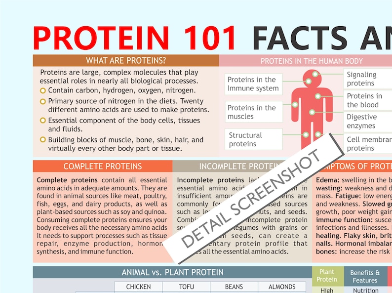 Protein 101 Chart, Facts and Sources, Downloadable PDF Ready to Be ...
