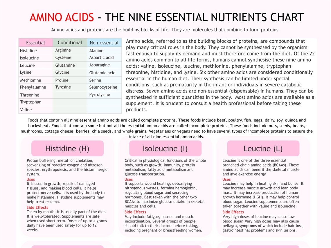 Amino Acids Chart • Essential Aminos Reference • Health Tracker A4 PDF ...