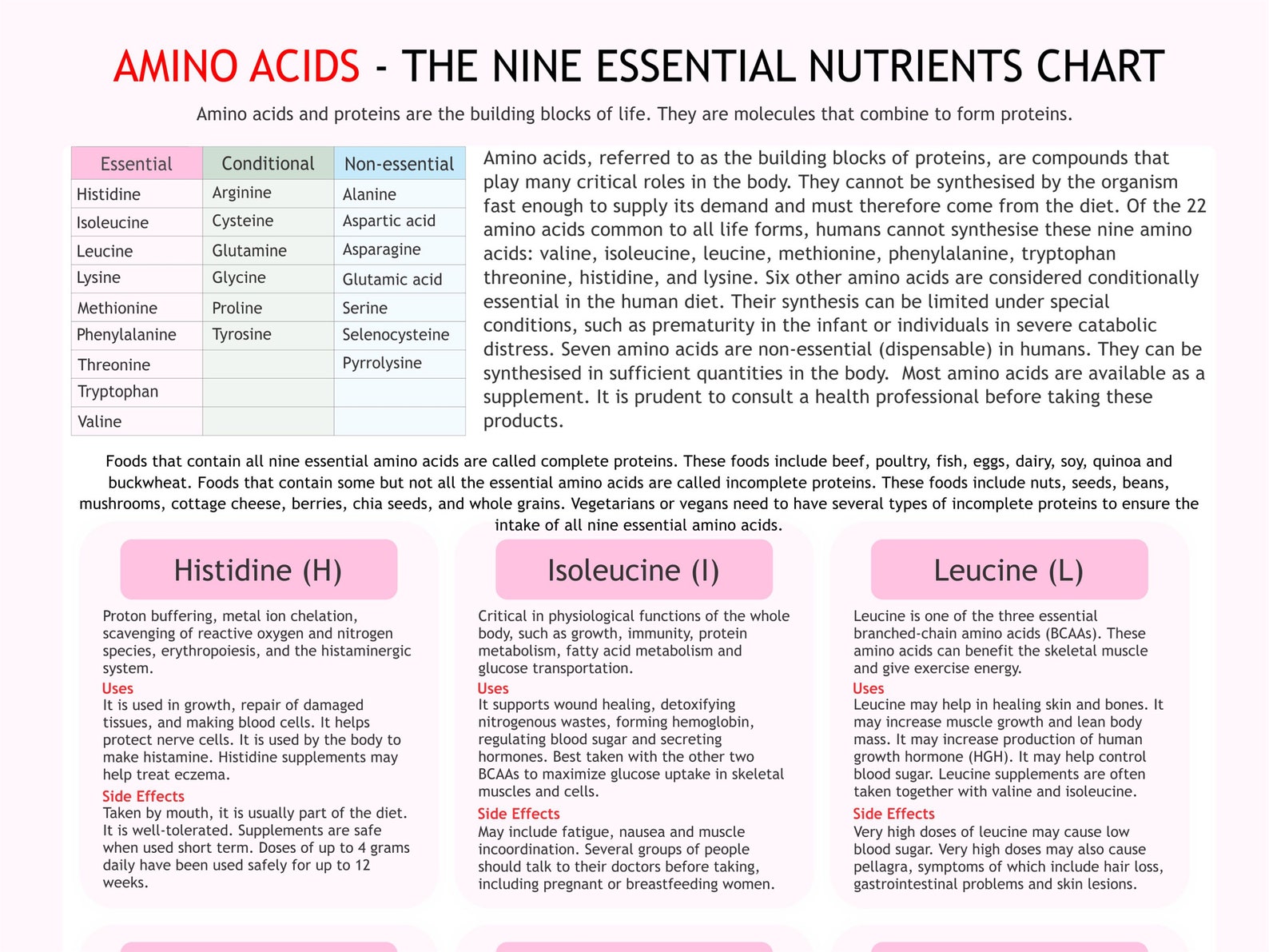 Amino Acids Chart • Essential Aminos Reference • Health Tracker A4 PDF ...