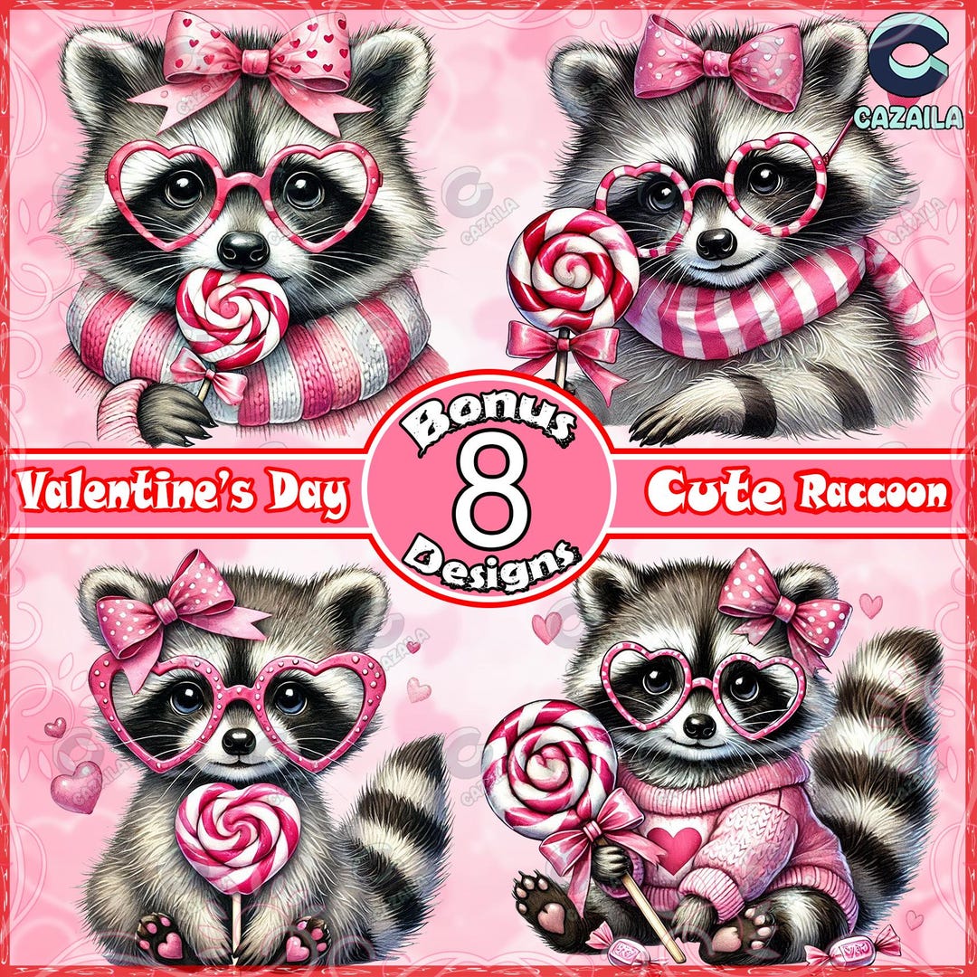4 Designs Raccoon Valentine's Day Png Bundle, Bonus 8 Designs Valentine ...