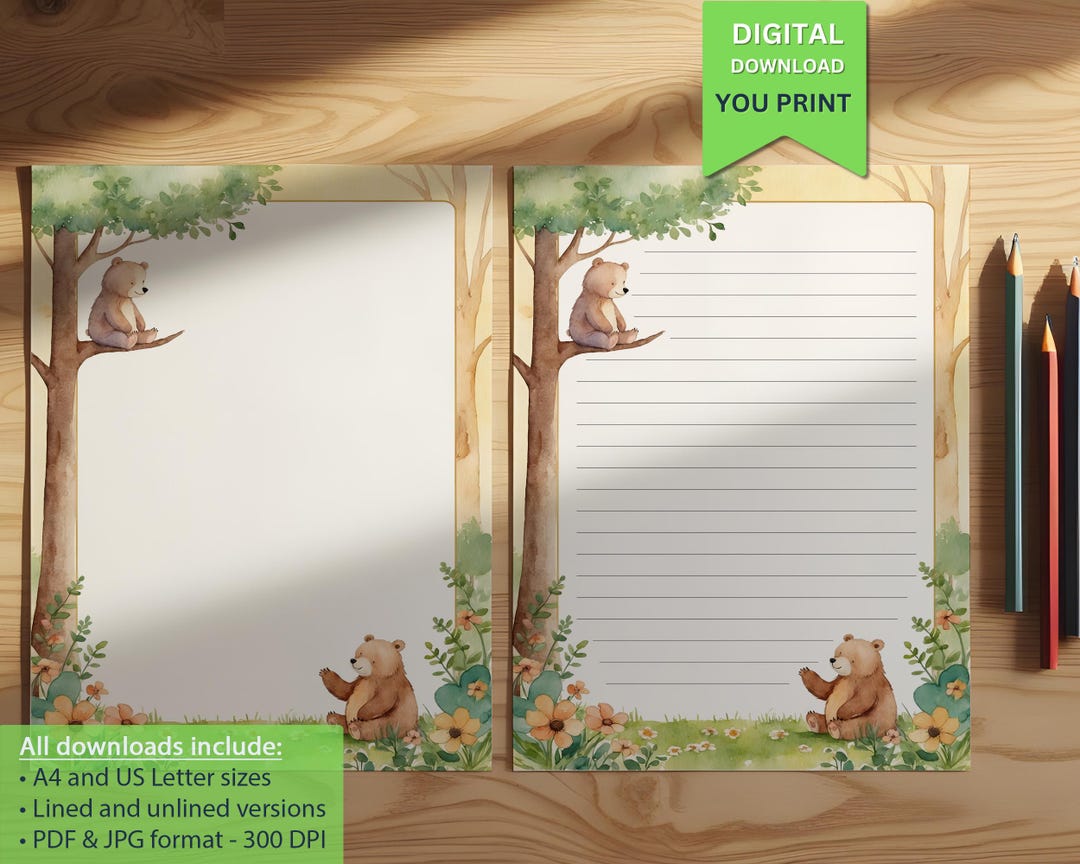 Bear Stationery: Woodland Kids Writing Paper (PDF Printable) - Etsy