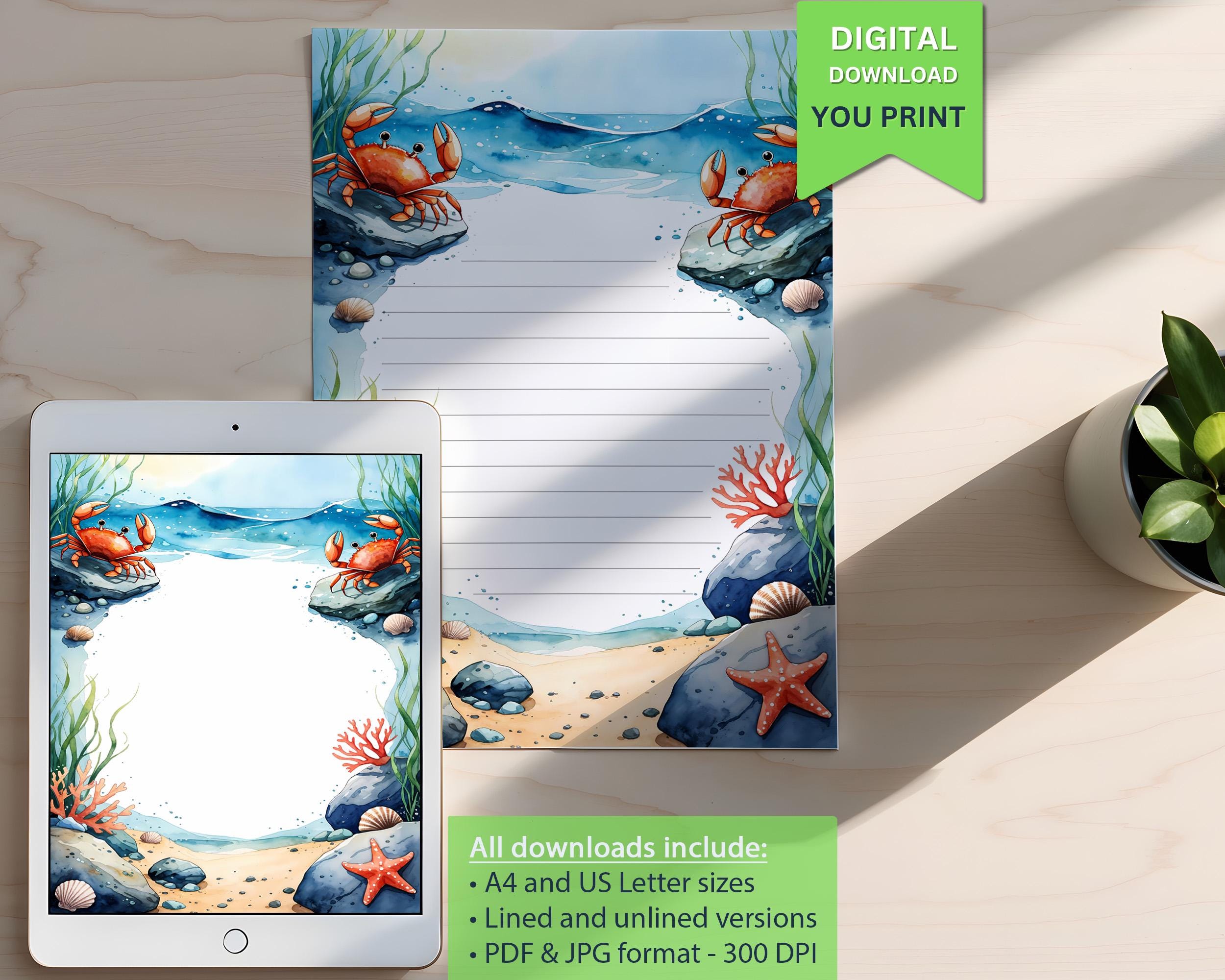 Printable Kids Writing Paper With Crabs and Ocean Theme, Underwater ...