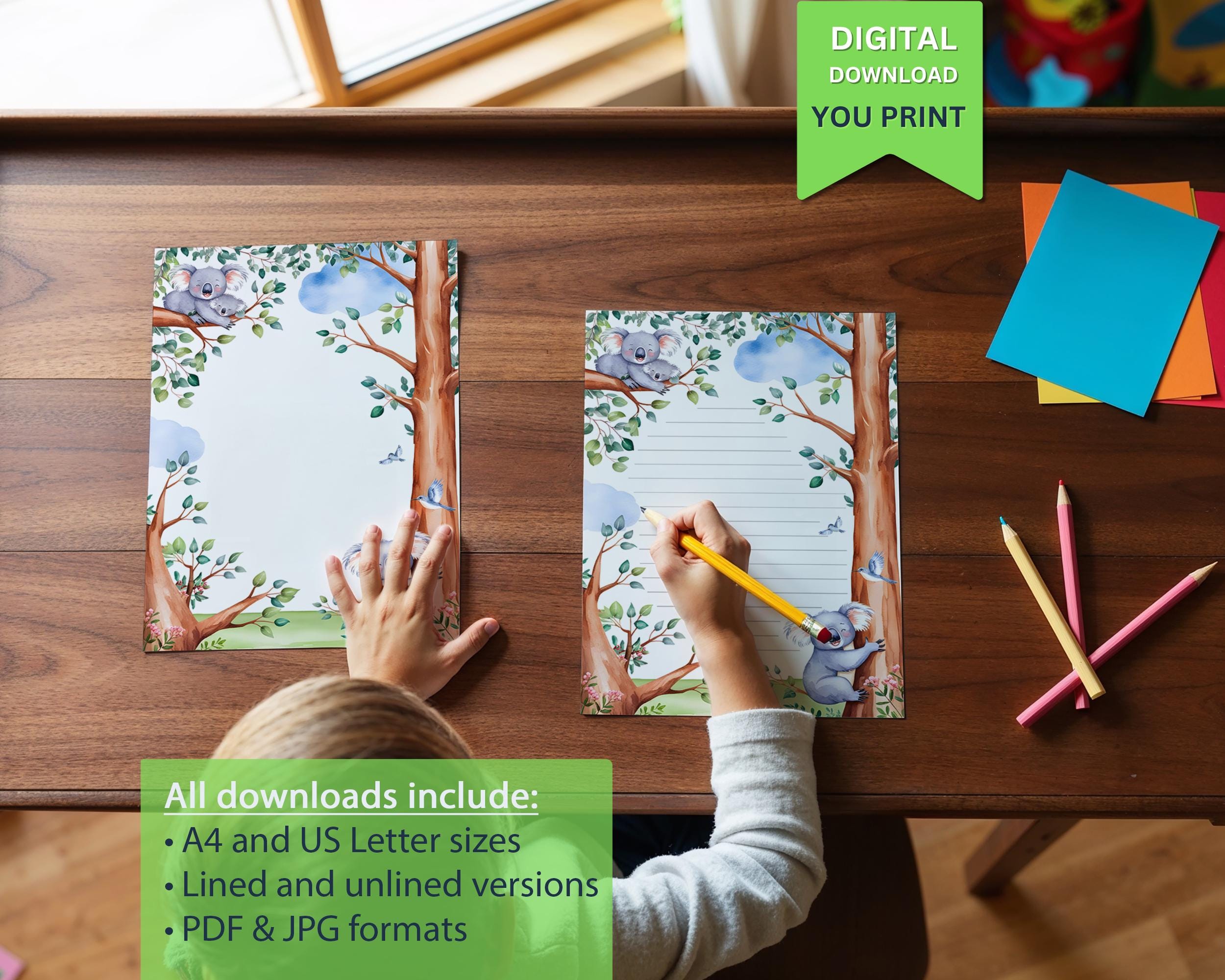 Koala-themed Printable Lined Paper for Kids | Fun Animal Stationery for ...