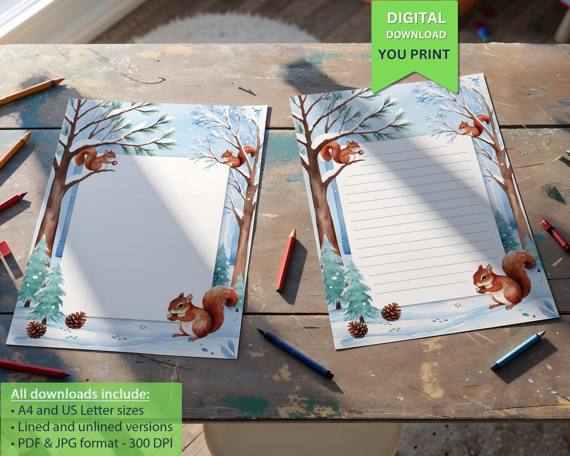 Winter Squirrel Digital Writing Paper - A4 US Letter Printable ...
